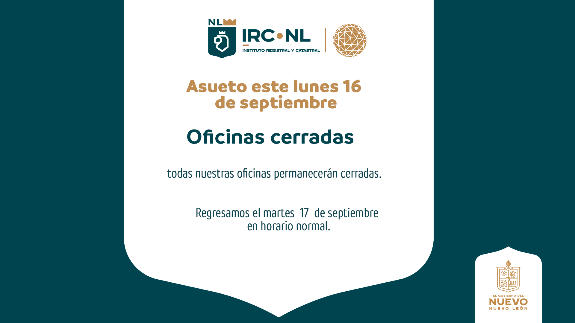 Asueto lunes 16 de septiembre - Instituto Registral y Catastral del ...